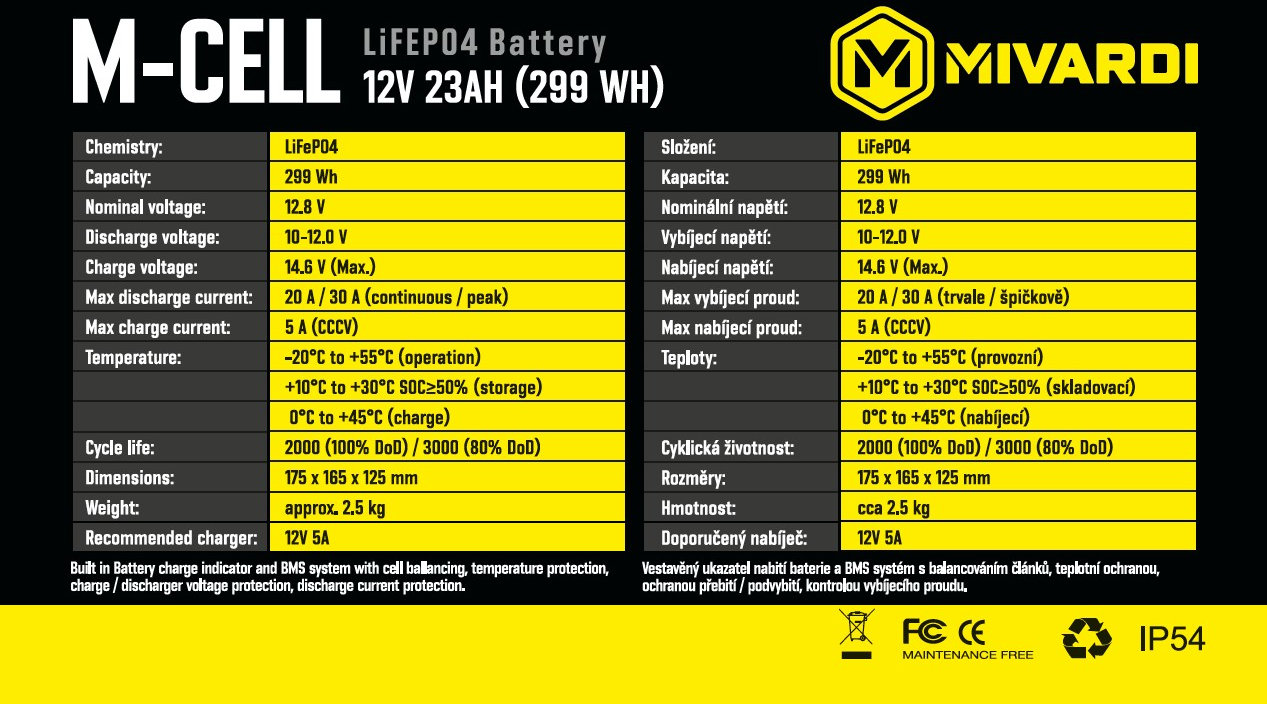 Lithiová Baterie Mivardi M-CELL LiFePO4 12V 23Ah + 5A Nabíječka ...